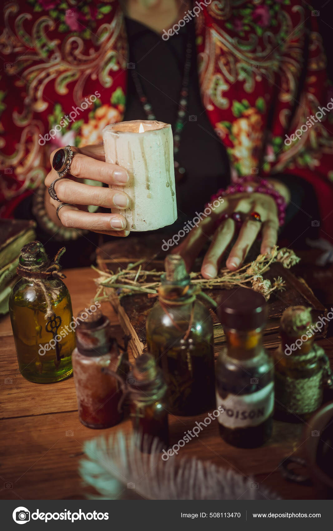 Female Witch Making Potion Dark Background Magic Bottles Potions ...