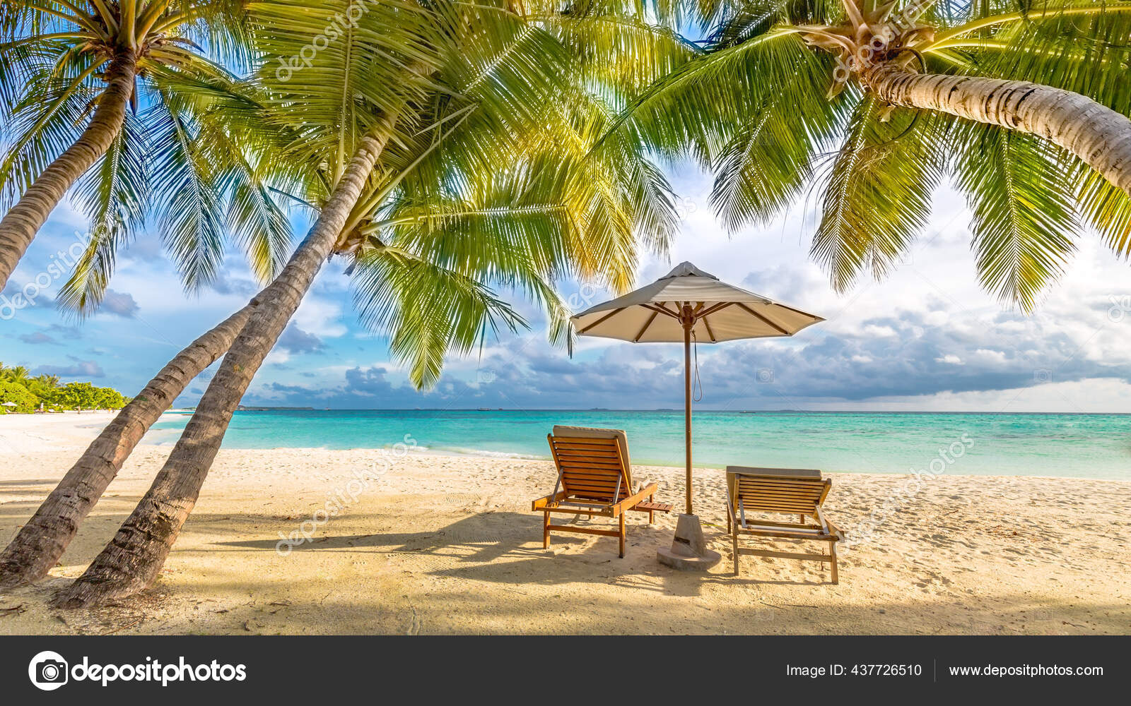 Beautiful Tropical Sunset Scenery Two Sun Beds Loungers Umbrella Palm ...