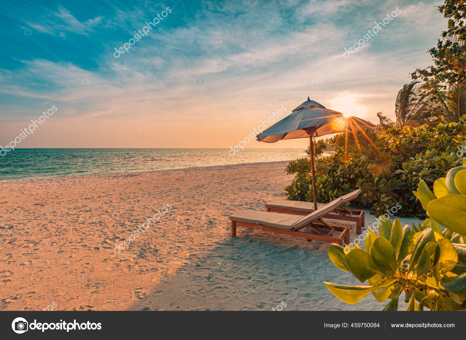Tropical Beach Nature Summer Landscape Lounge Chairs Palm Trees Calm — Stock Photo ...