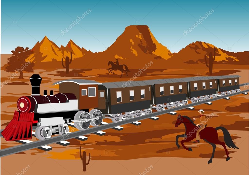 Wild west vector illustration. Train in prairie, cowboy on horse, blue ...