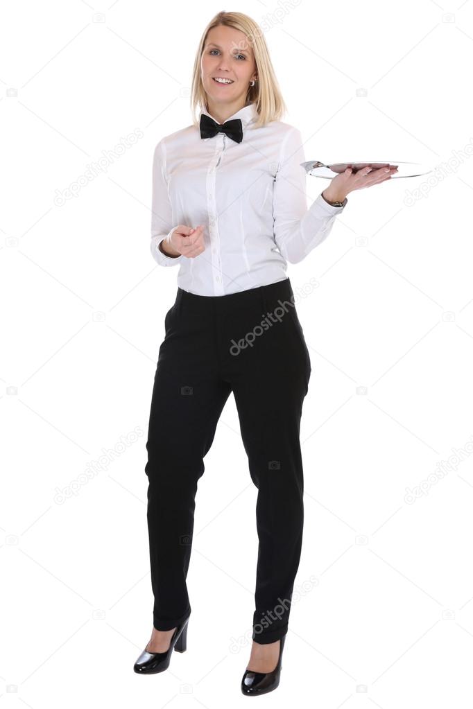 Waitress waiter female blond young woman serving with tray resta Stock ...