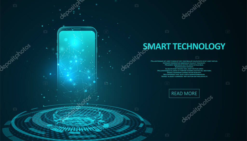 Smartphone con holograma de pantalla digital. Composición de objetos ...