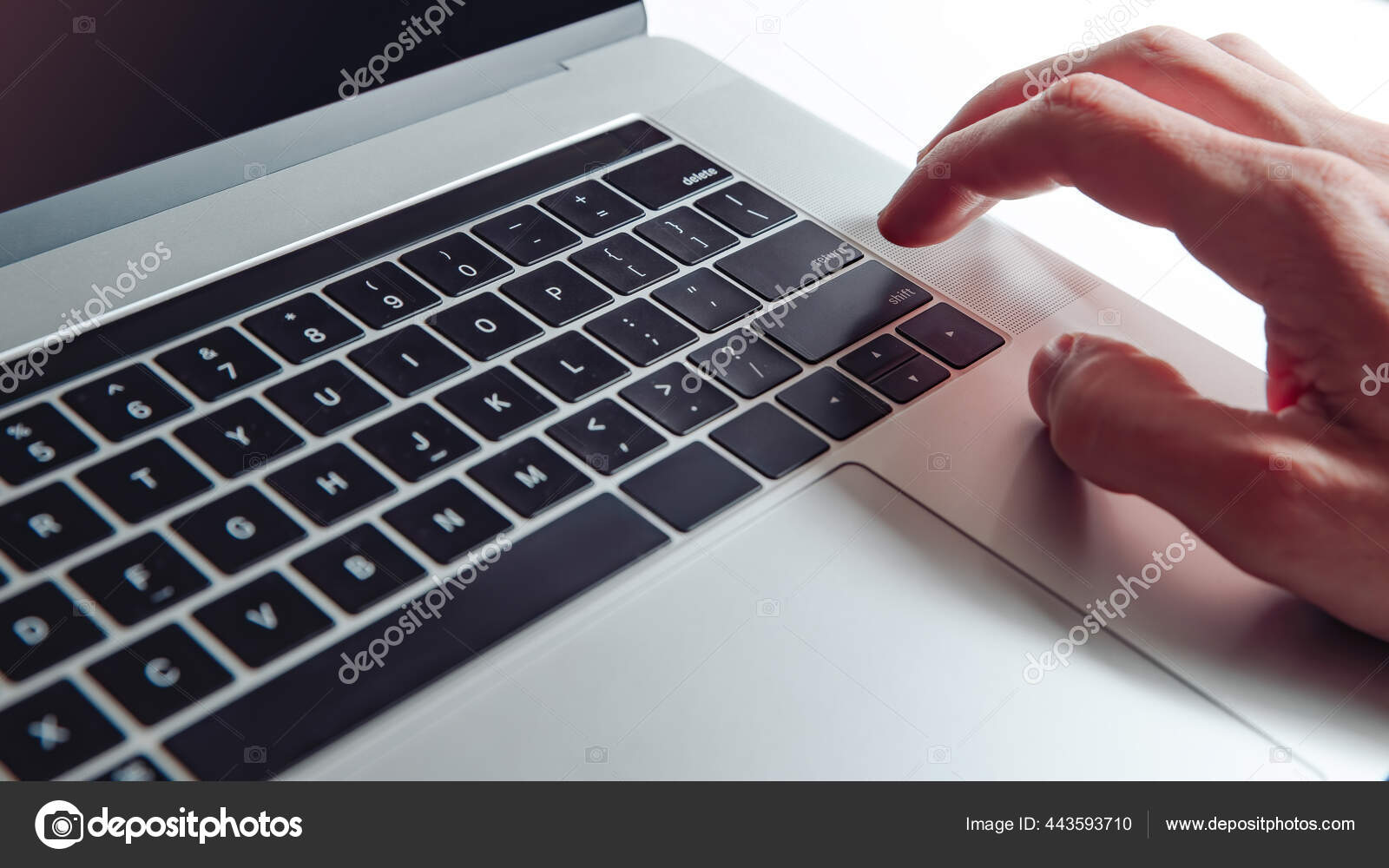 Close up. man pressing the enter key on the laptop keyboard . — Stock ...