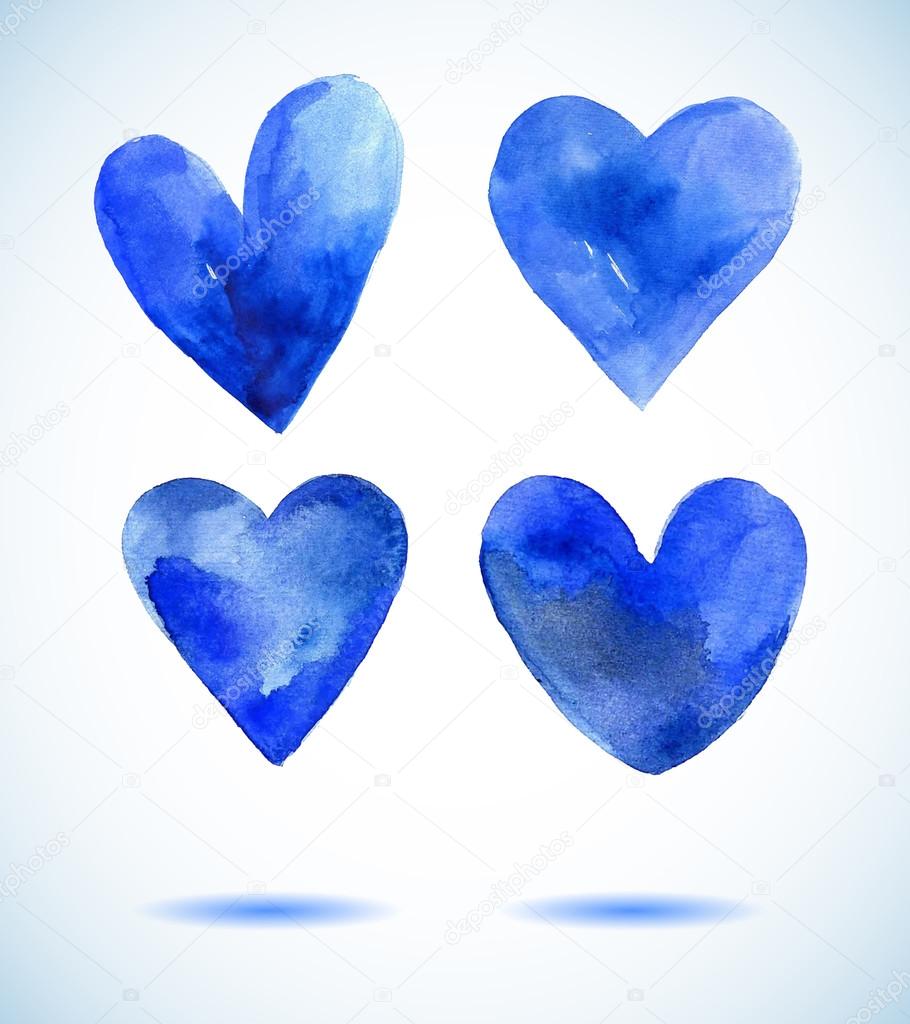 Watercolor blue painted heart set,vector elements for your design ...