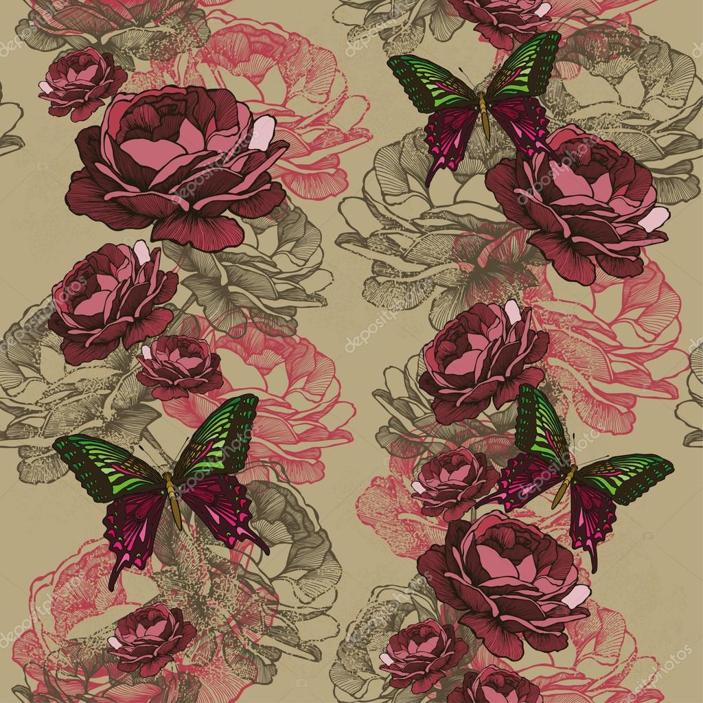 Seamless vertical pattern with roses and butterflies. Vector ill ...