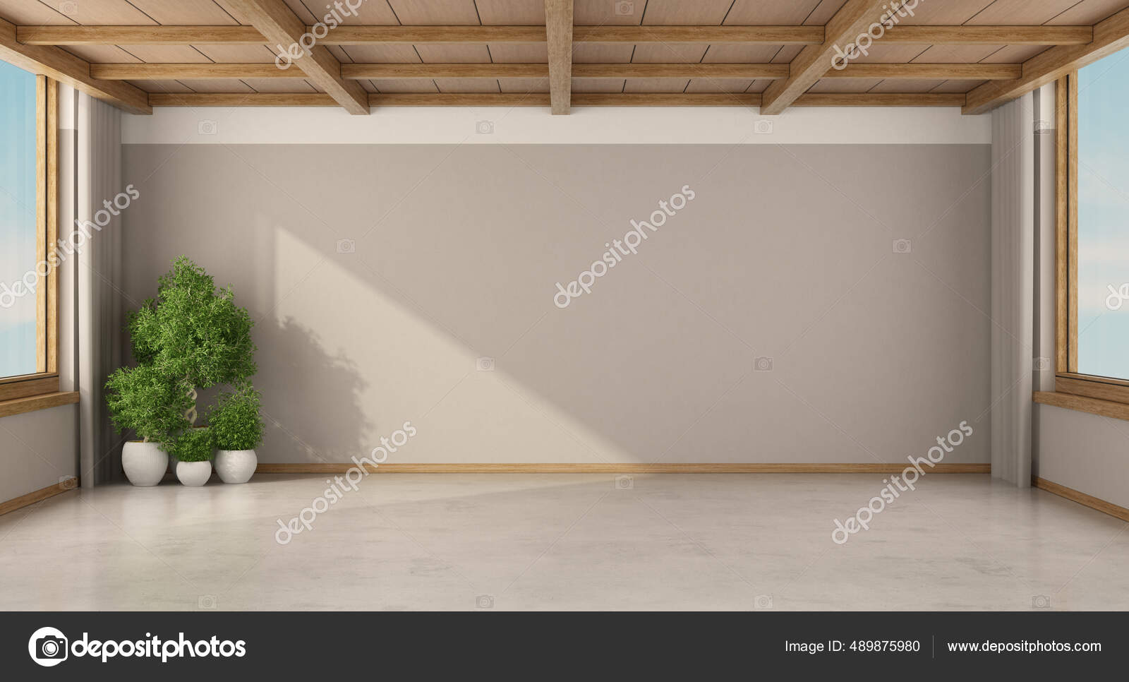 Empty Room Large Windows Houseplants Wooden Ceiling Rendering Stock ...