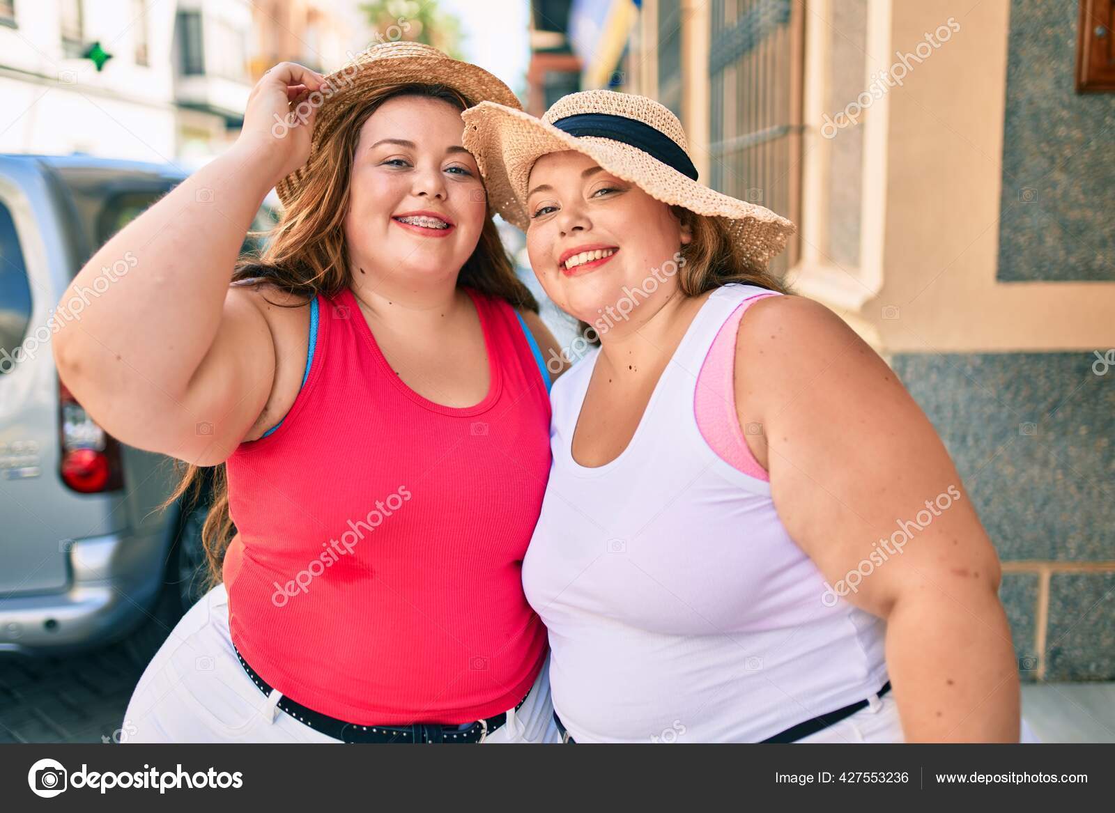 Two Size Overweight Sisters Twins Women Hugging Together Outdoors ...