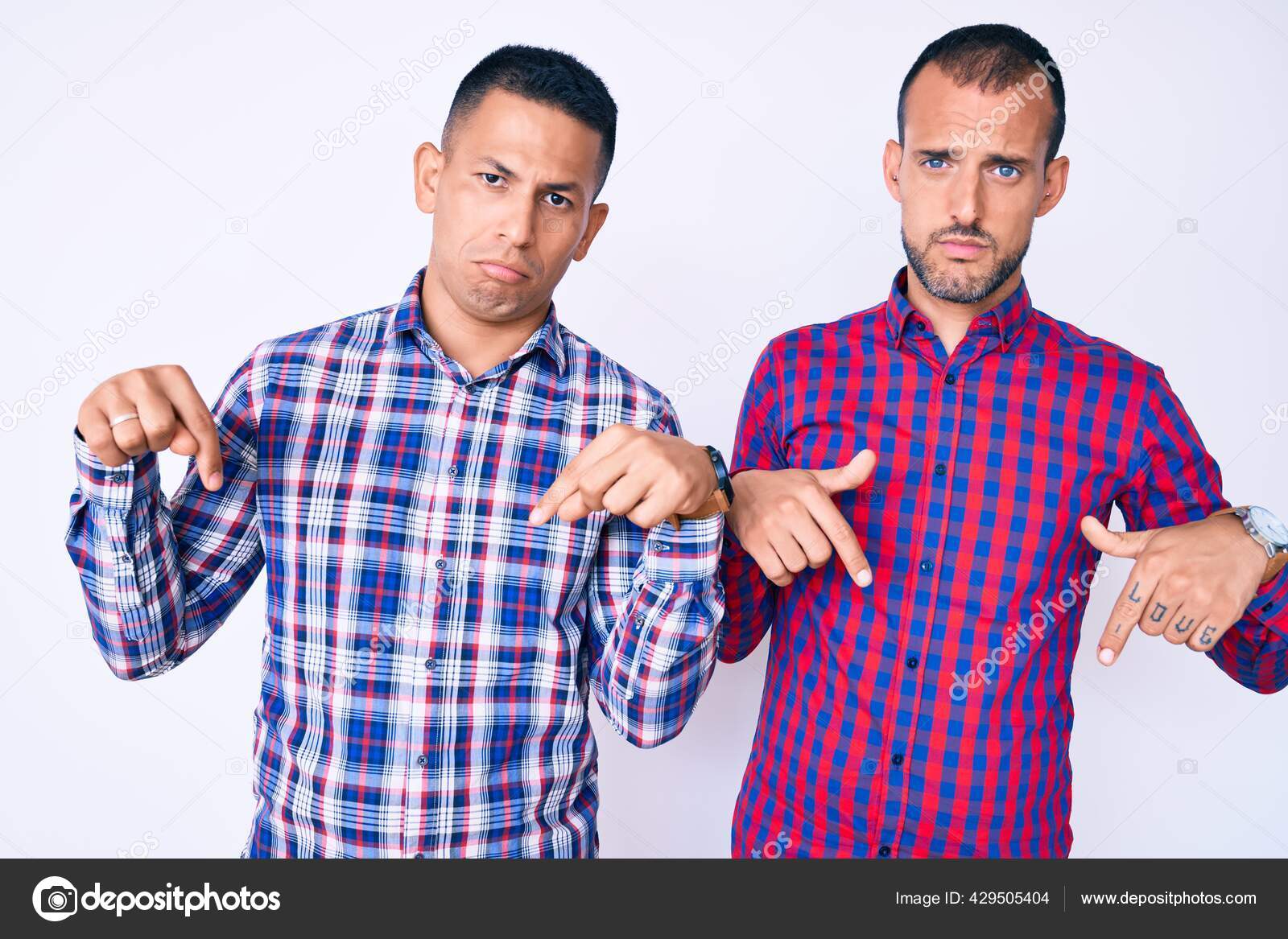 Young Gay Couple Two Men Wearing Casual Clothes Pointing Looking Stock ...