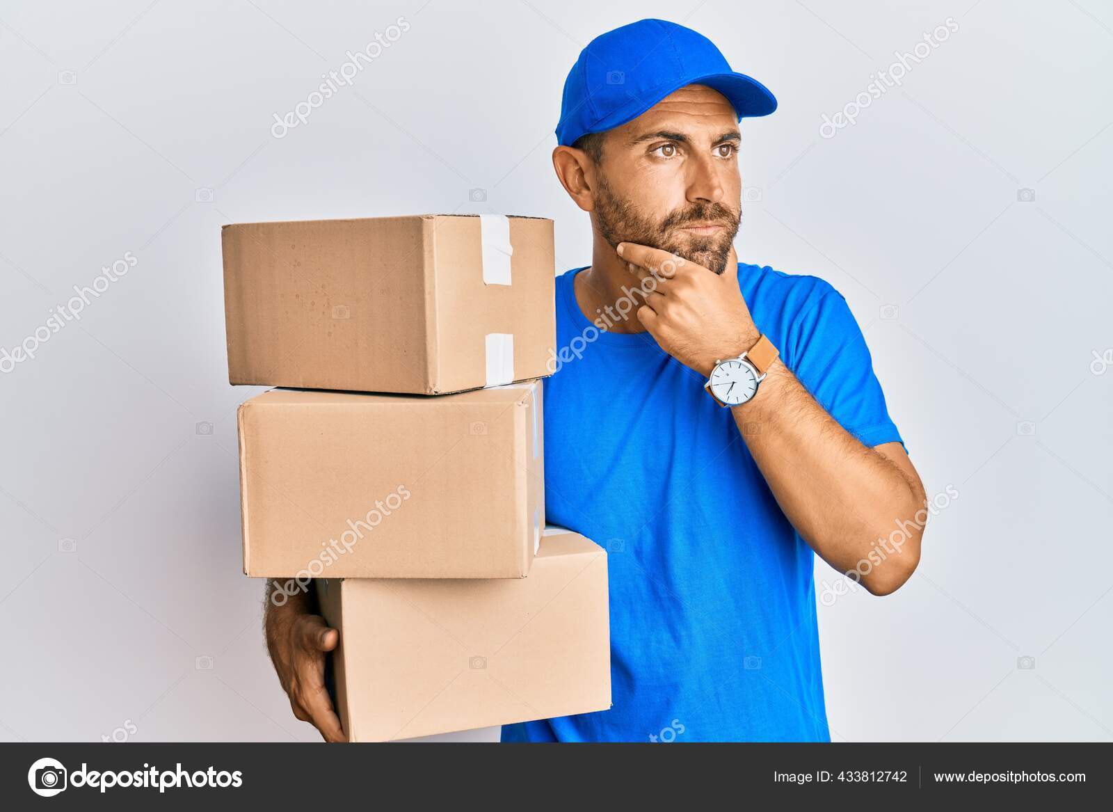 Handsome Man Beard Wearing Courier Uniform Holding Delivery Packages
