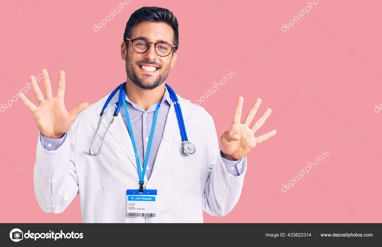 Young Hispanic Man Wearing Doctor Uniform Stethoscope Showing Pointing ...