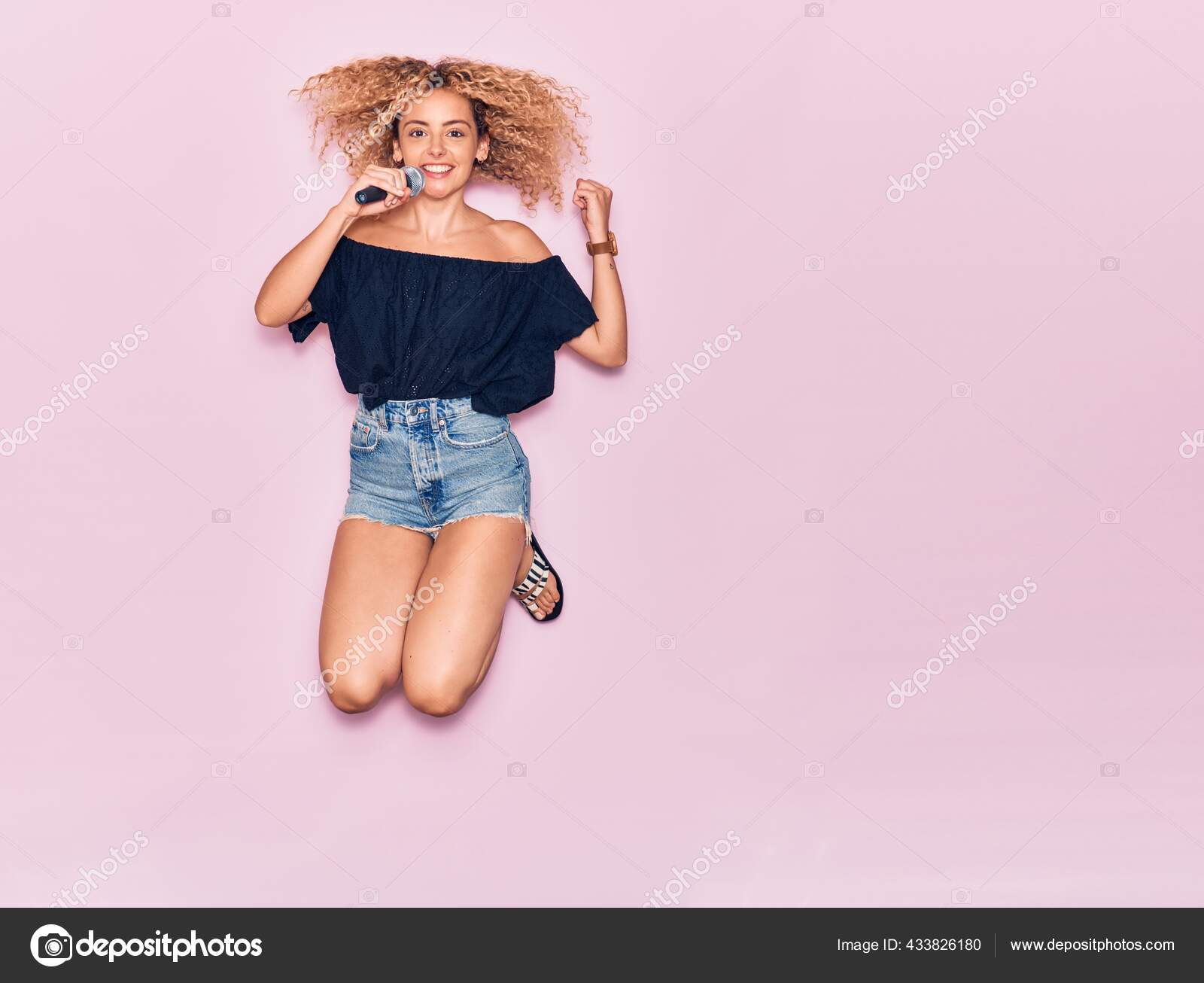 Young Beautiful Curly Singer Girl Smiling Happy Singing Song Using ...