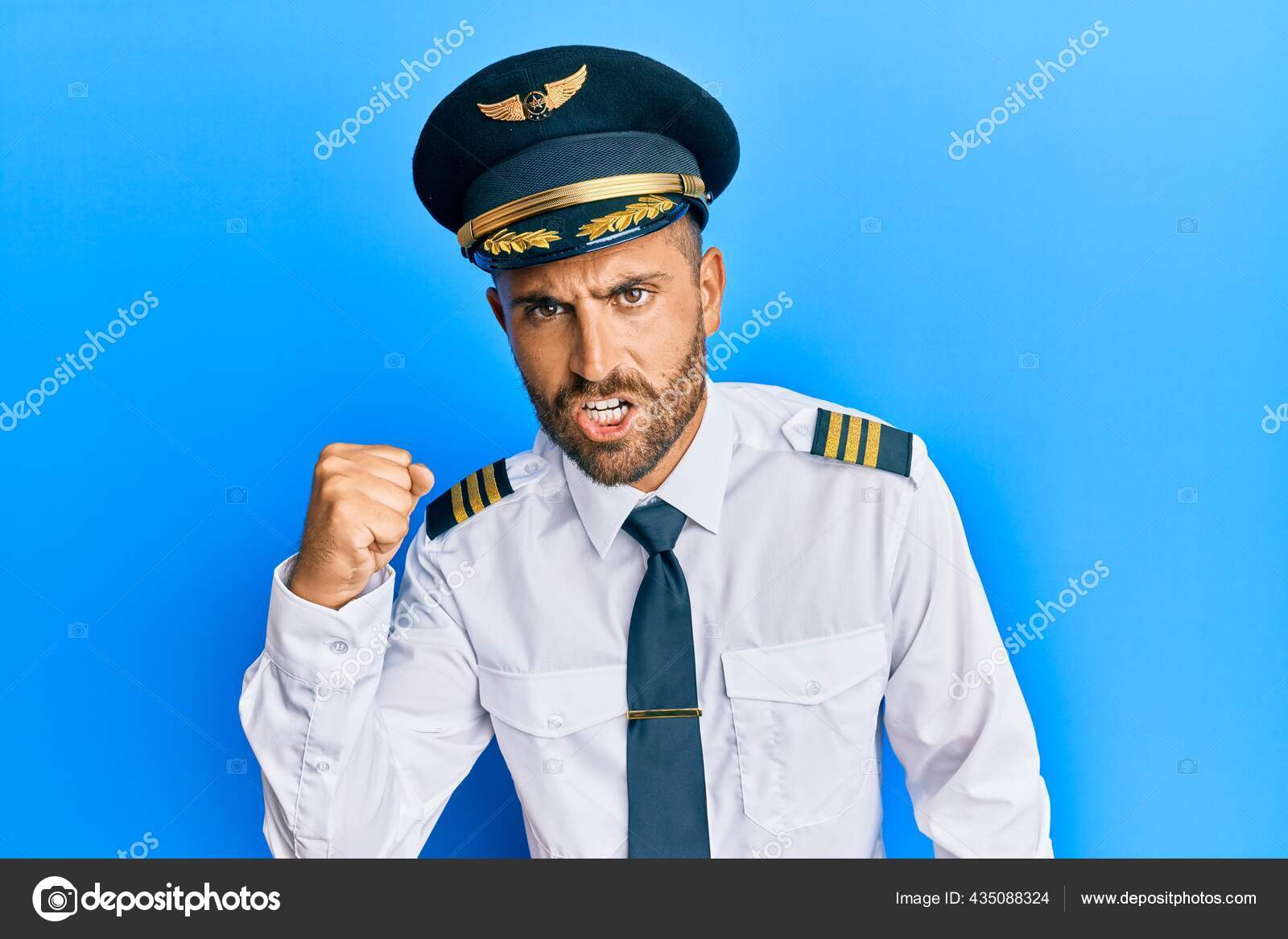 Handsome Man Beard Wearing Airplane Pilot Uniform Angry Mad Raising ...