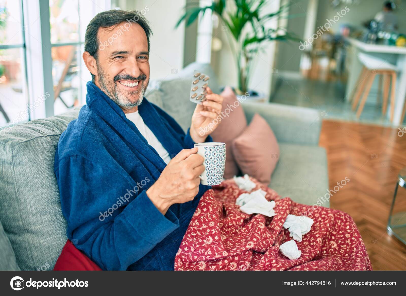 Middle Age Man Feeling Sick Cold Fever Home Ill Flu — Stock Photo ...