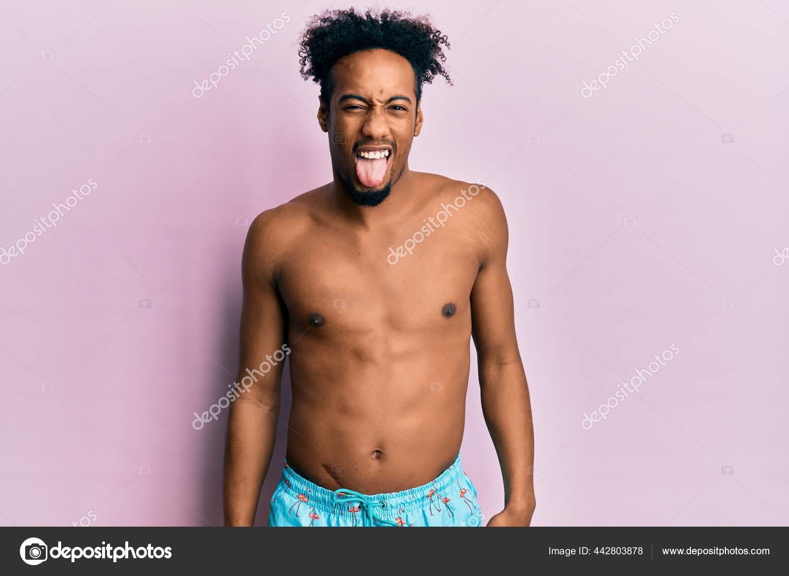 Young African American Man Beard Wearing Swimsuit Sticking Tongue Out ...