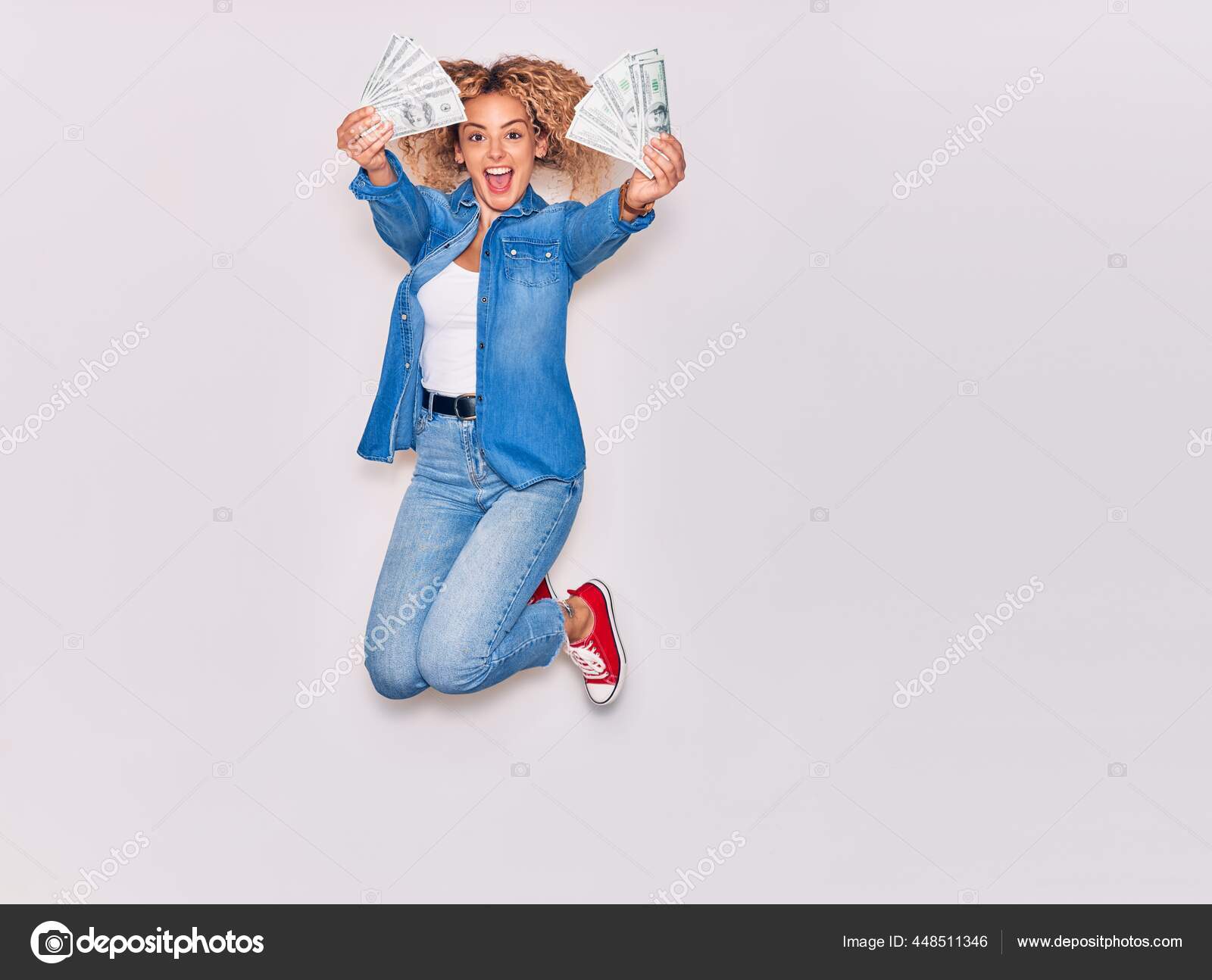 Young Beautiful Curly Girl Smiling Happy Holding Dollars Banknotes ...