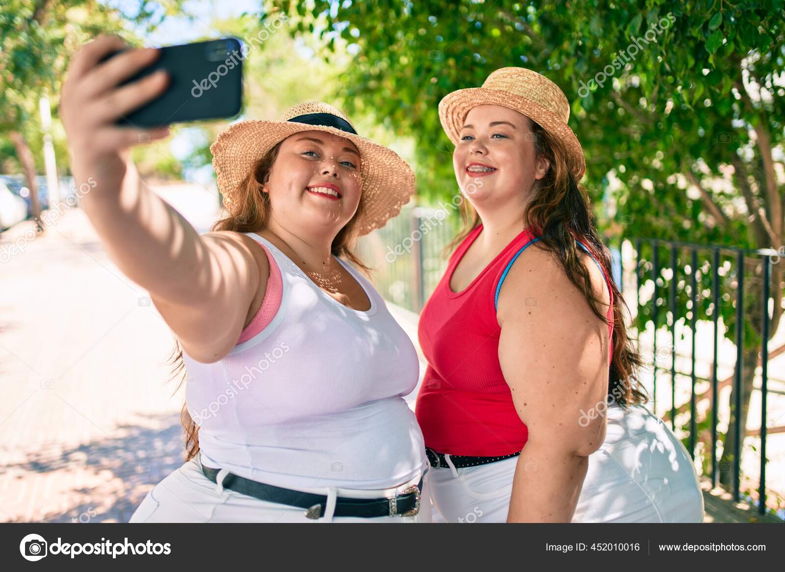 Two Size Overweight Sisters Twins Women Smiling Taking Selfie Picture ...