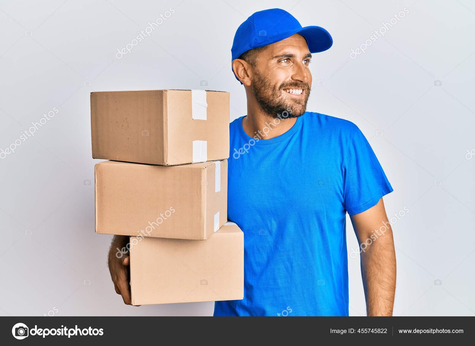 Handsome Man Beard Wearing Courier Uniform Holding Delivery Packages