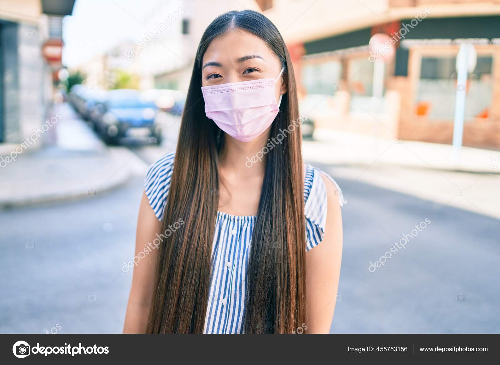 Young Chinese Woman Wearing Medical Mask Walking Street City — Stock Photo © Krakenimages.com ...