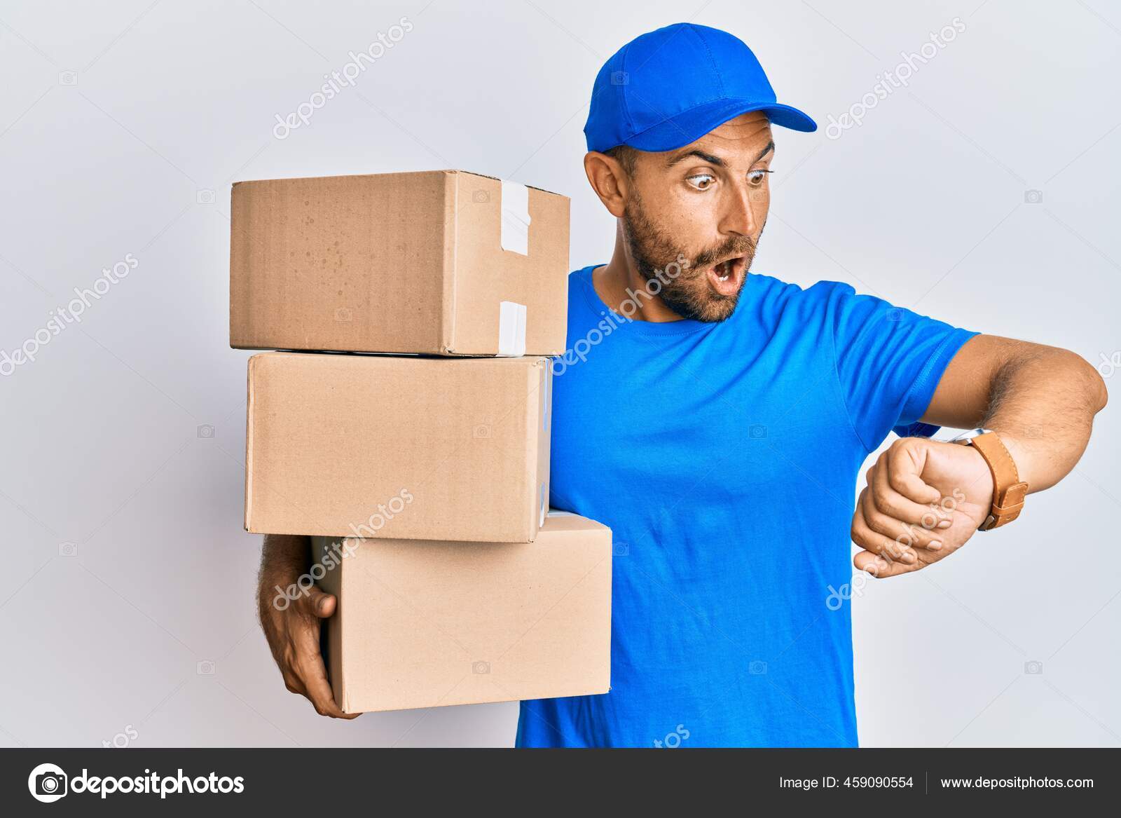 Handsome Man Beard Wearing Courier Uniform Holding Delivery Packages