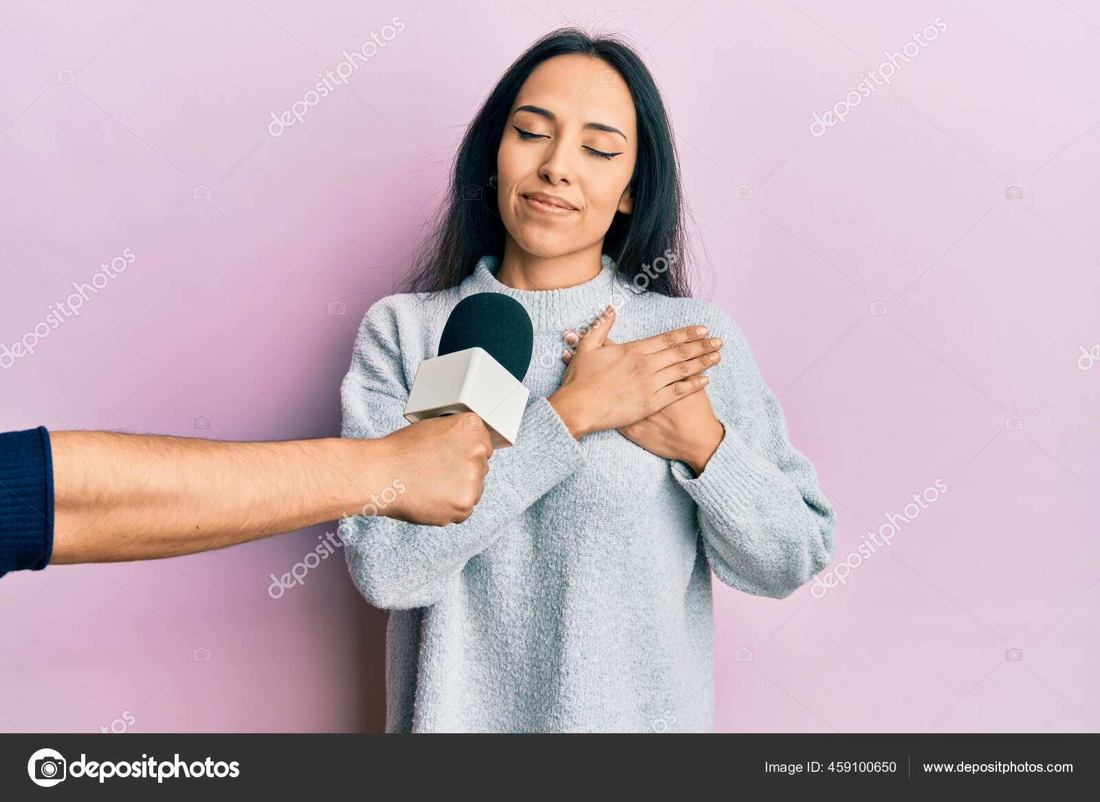 Young Hispanic Girl Being Interviewed Reporter Holding Microphone ...