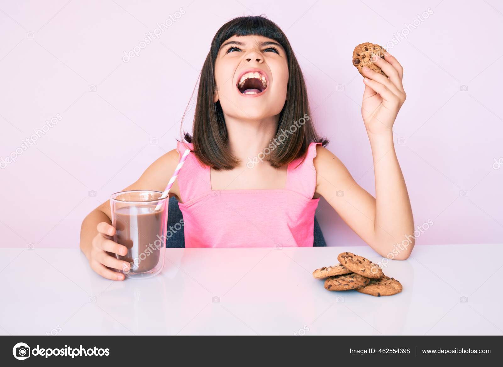Young Little Girl Bang Sitting Table Having Breakfast Angry Mad Stock ...