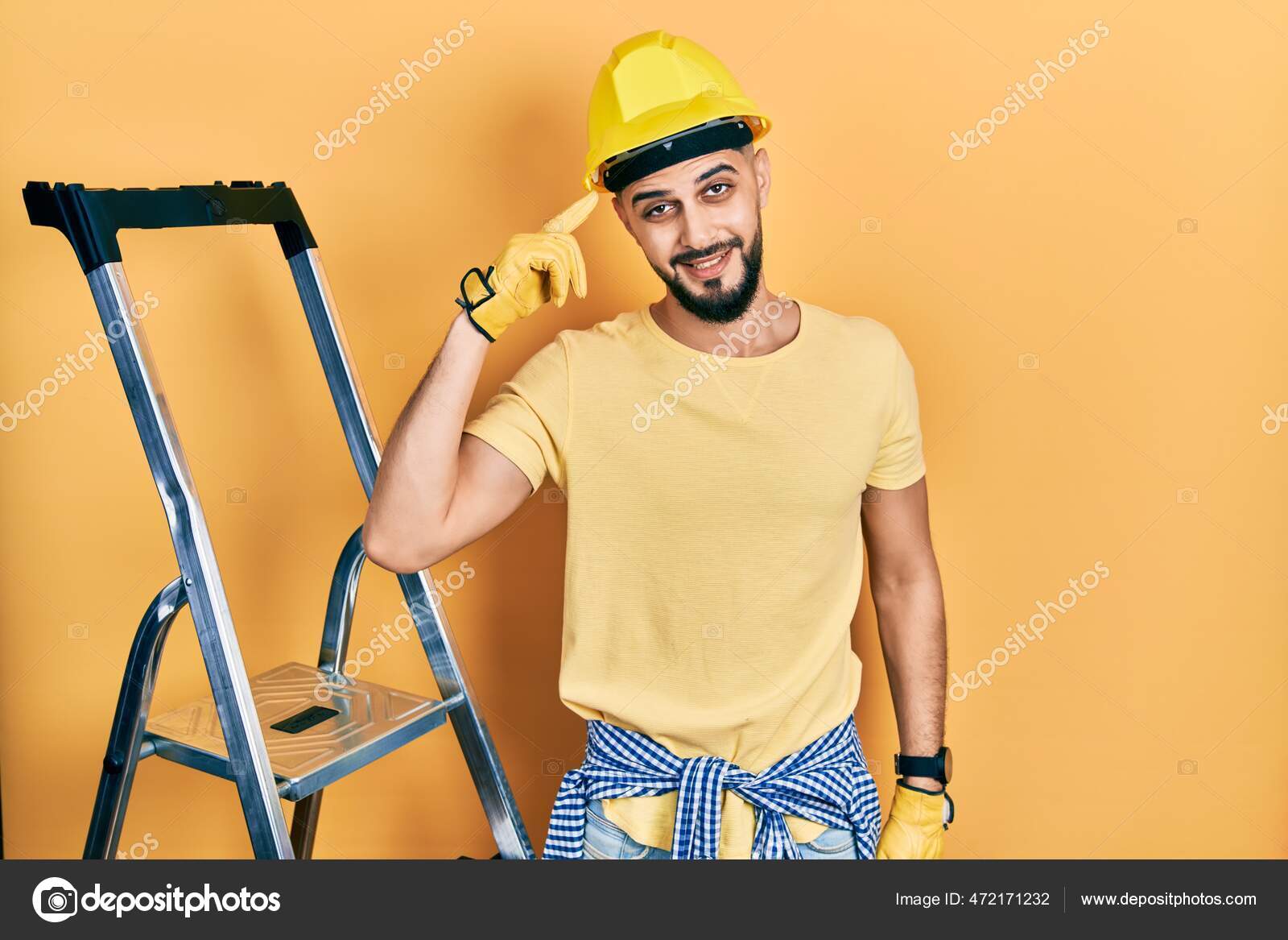 Handsome Man Beard Construction Stairs Wearing Hardhat Smiling Pointing ...