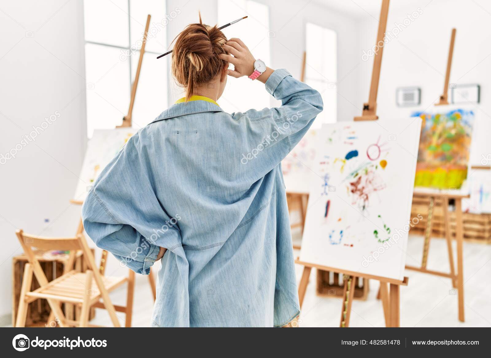 Young Caucasian Girl Art Studio Backwards Thinking Doubt Hand Head ...