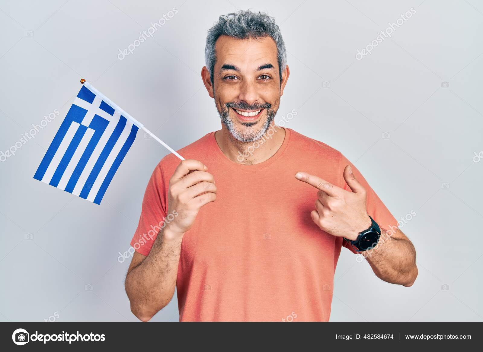 Handsome Middle Age Man Grey Hair Holding Greece Flag Smiling — Stock ...
