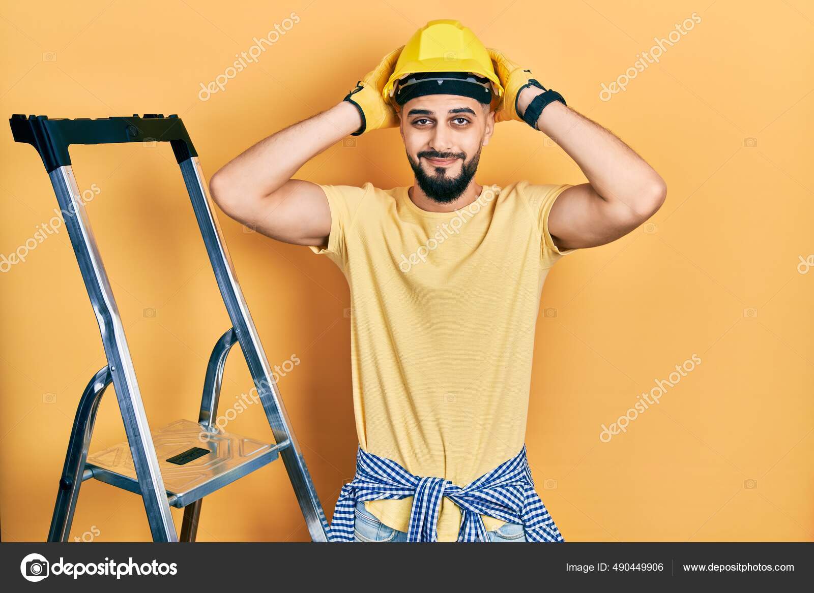 Handsome Man Beard Construction Stairs Wearing Hardhat Doing Bunny Ears ...