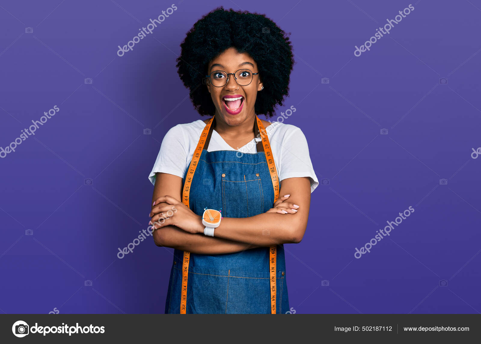 Young African American Woman Dressmaker Designer Wearing Atelier Apron Celebrating — Stock Photo ...