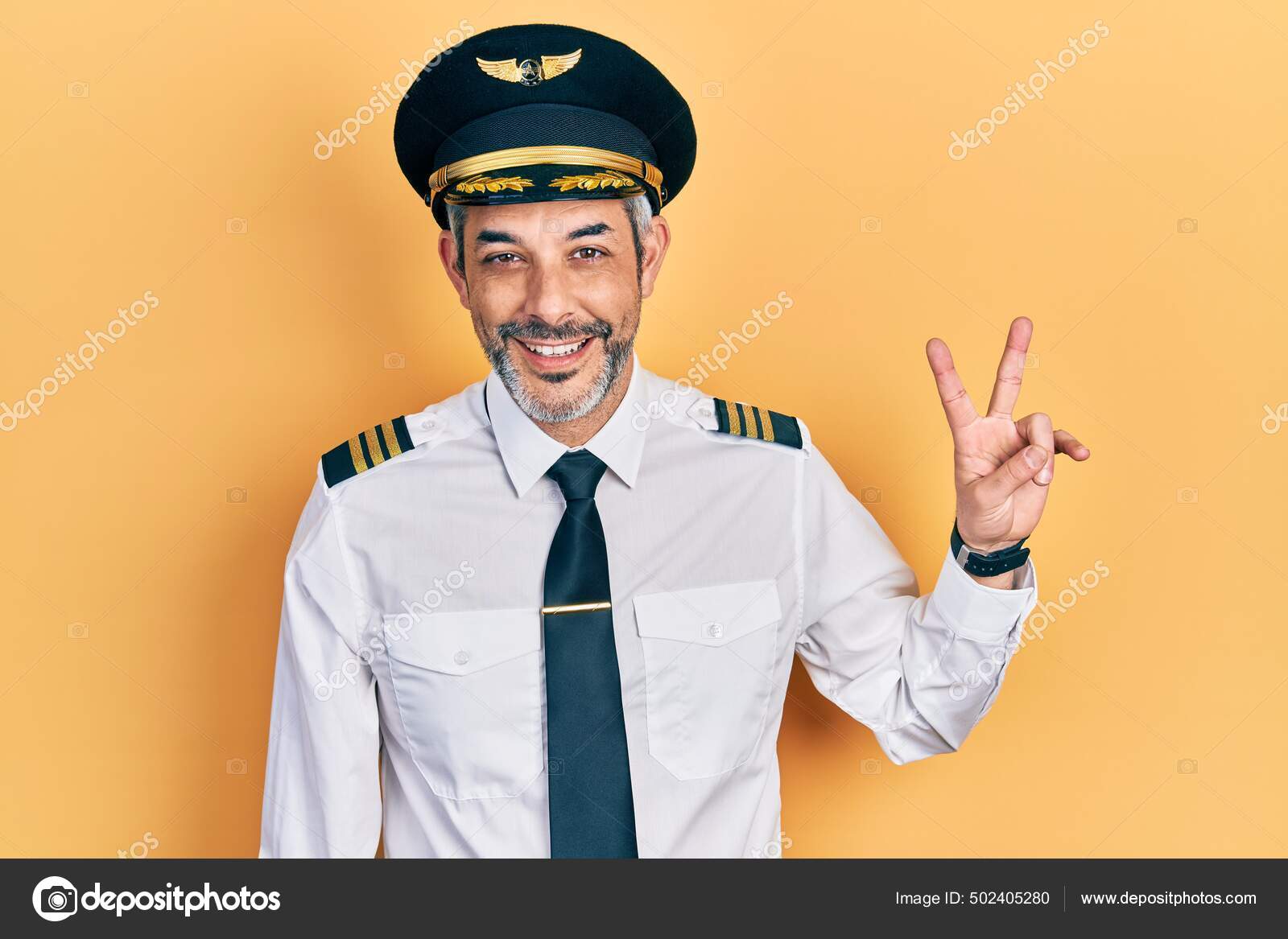 Handsome Middle Age Man Grey Hair Wearing Airplane Pilot Uniform ...
