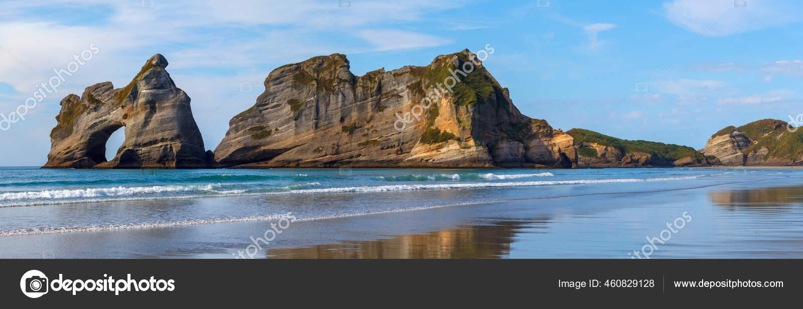 Wharariki Beach Archway Islands Panoramic View Golden Bay South Island — Stock Photo © natam ...