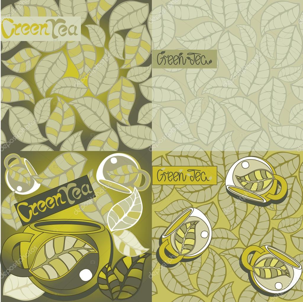 Green tea team, leaves and cups seamless background Stock Vector Image ...