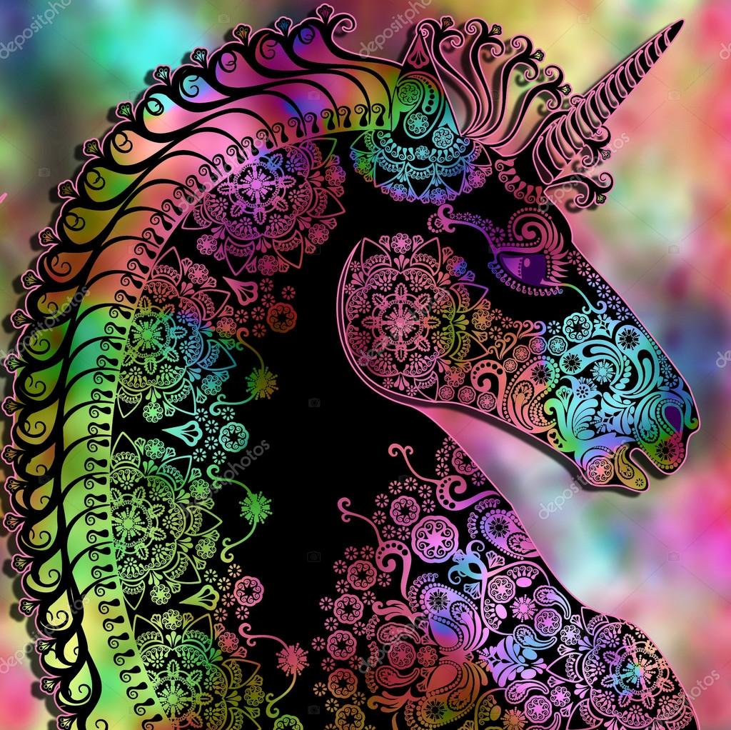Stylized profile unicorn head on blurred background — Stock Photo ...