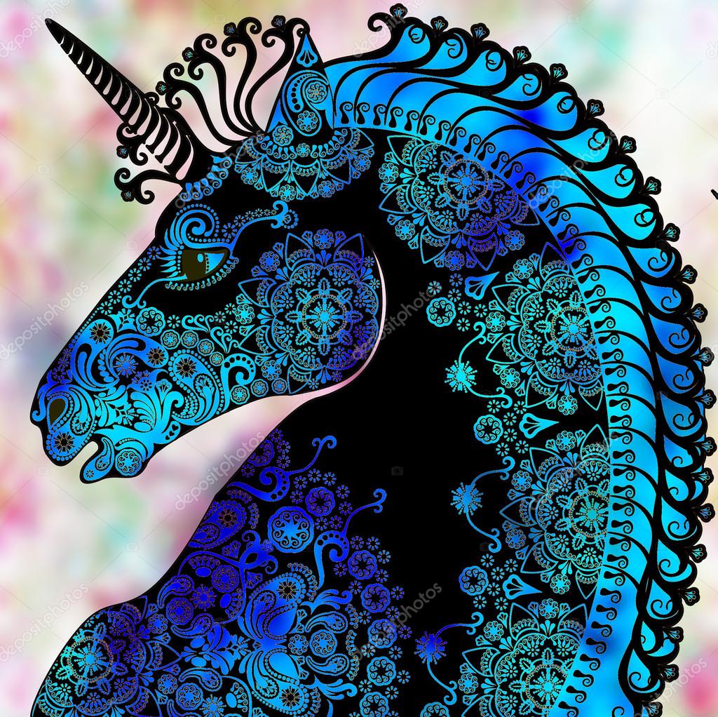 Stylized profile unicorn head on blurred background — Stock Photo ...