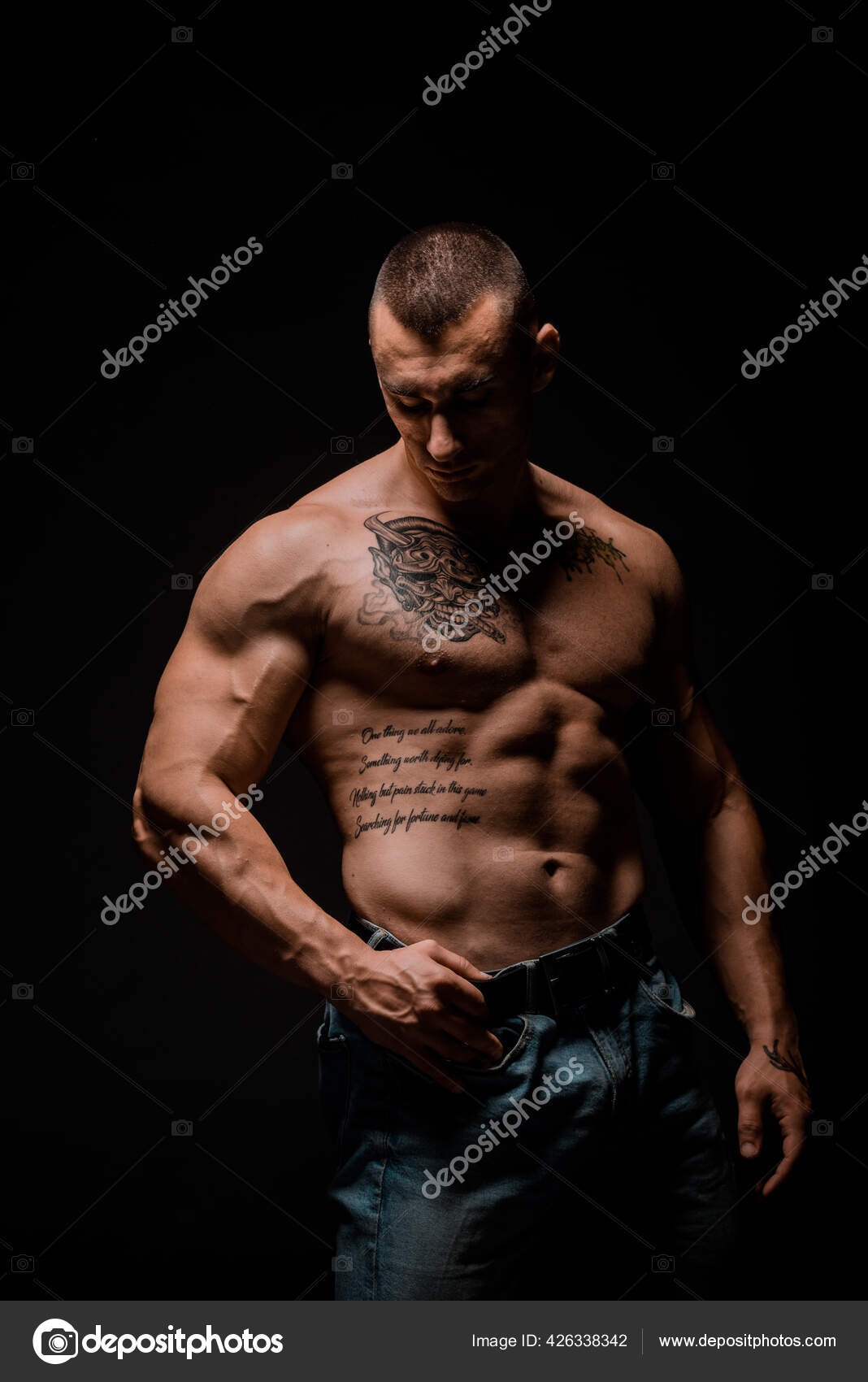 Muscled Male Jeans Posing Studio Black Background — Stock Photo ...