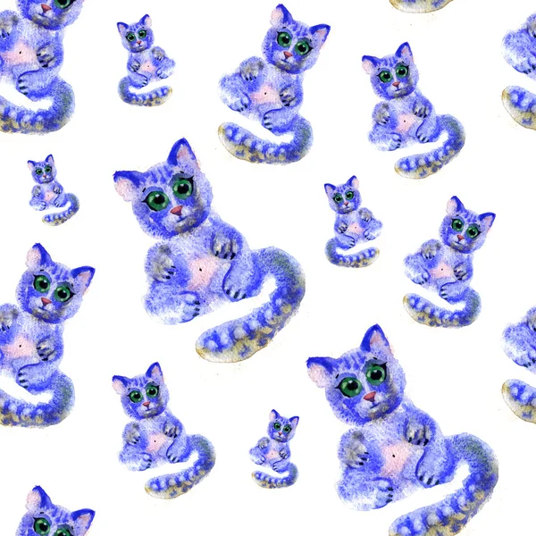 Watercolor sweet blue cats pattern - Stock Image - Everypixel