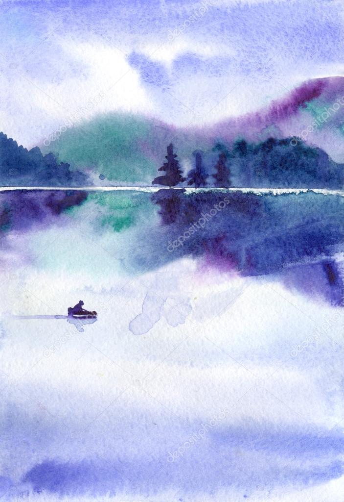 Watercolor landscape with lake Stock Illustration by ©7slonov #110746370