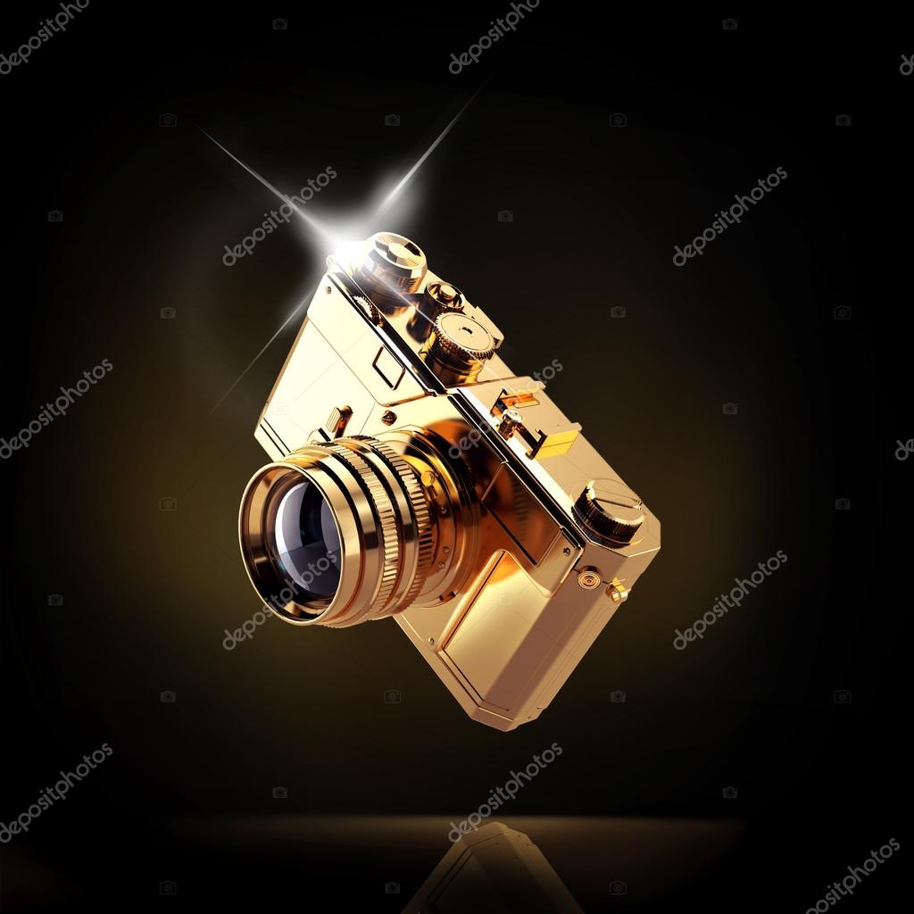 Golden photo camera on black background — Stock Photo © SectoR_2010 ...