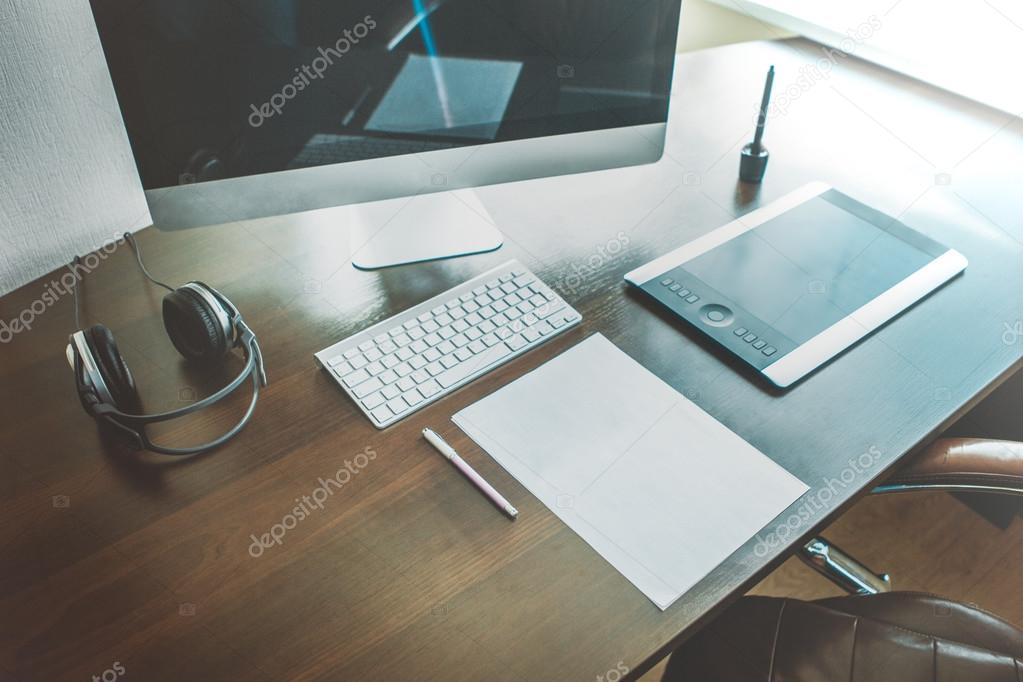 Stylish workspace with computer on home or studio — Stock Photo ...