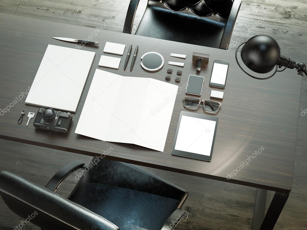 Set of mockup elements on the wood table. Template for design Stock ...