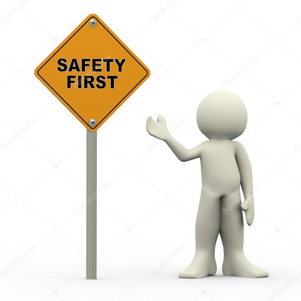 3d man holding safety first roadsign — Stock Photo © nasirkhan #59675253