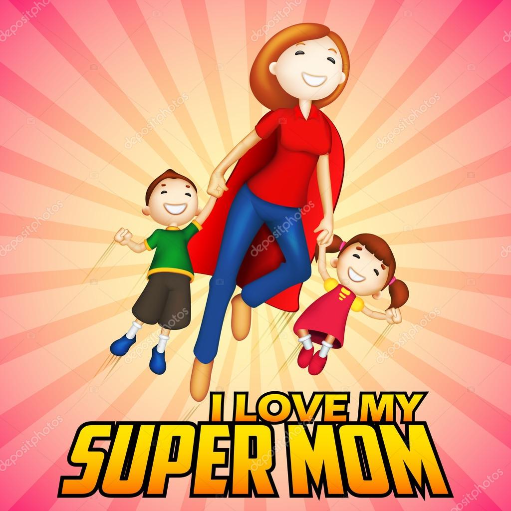 Supermamá con niños en Happy Mothers Day card Vector de stock por ...