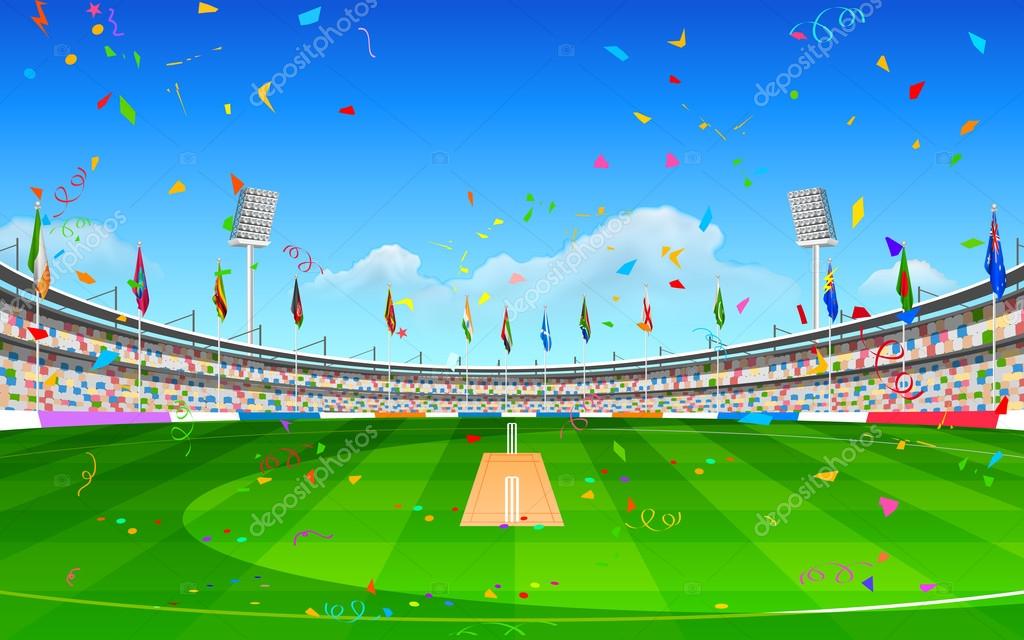 Stadium of cricket showing flags of participating countries Stock ...