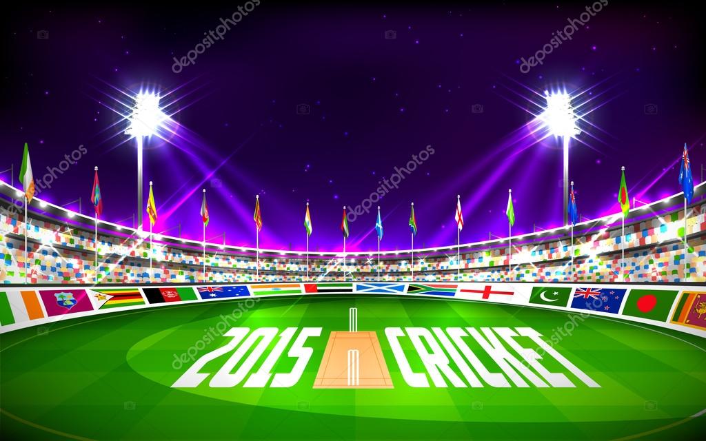 Stadium of cricket showing flags of participating countries Stock ...