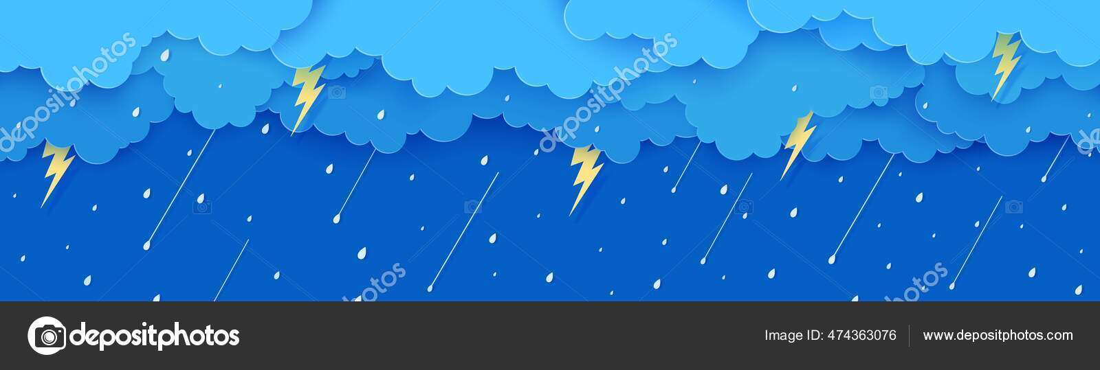 Rain thunder lightning and clouds in the paper cut style. Vector storm ...