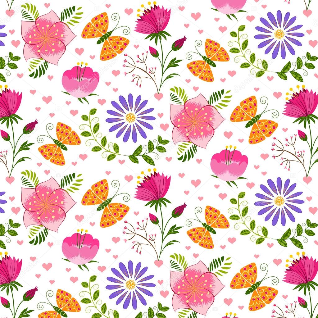 Springtime Colorful Flower and Butterfly Seamless Pattern Stock Vector ...
