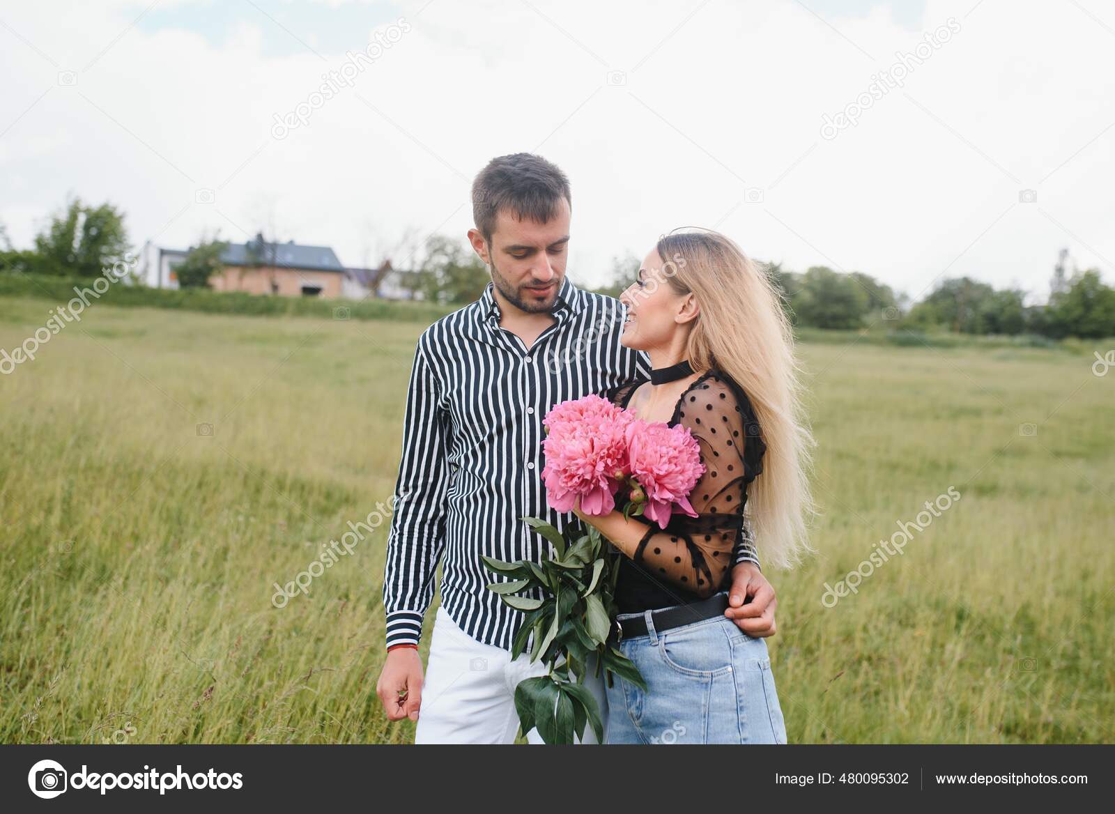 Young Couple Walks Park Spring Hugs Enjoying Time Together Concept ...