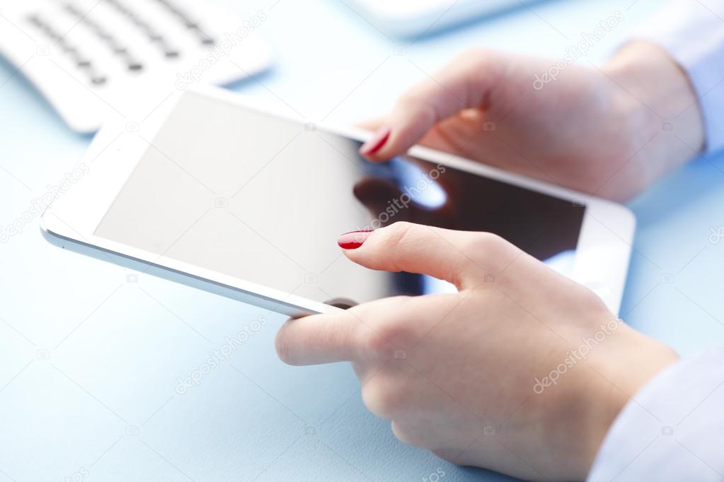 Female hands Touch the screen ⬇ Stock Photo, Image by © gzorgz #77833818