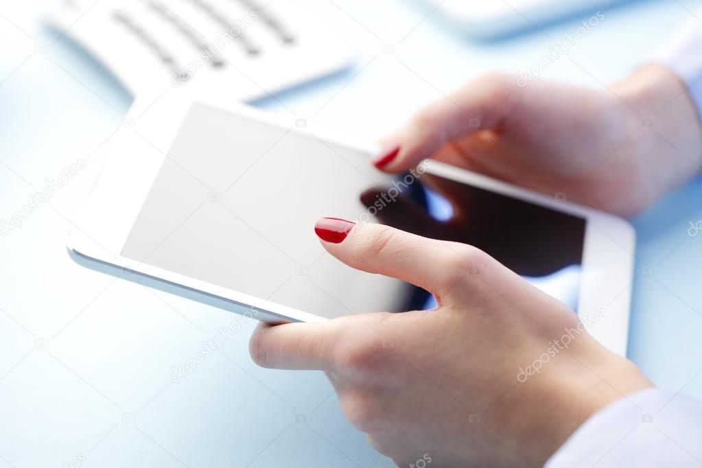 Female hands Touch the screen Stock Photo by ©gzorgz 77833840